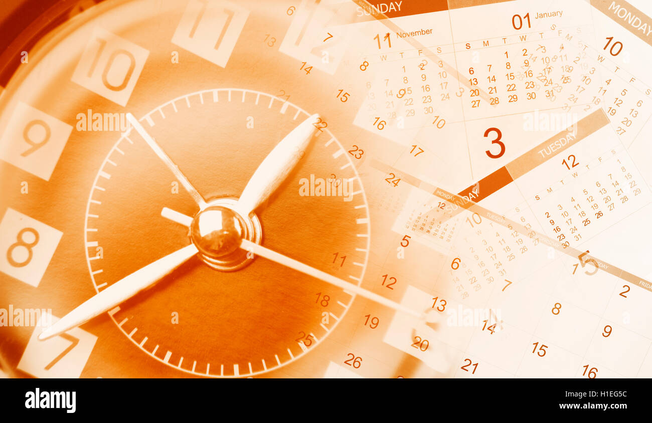 Clock face and calendars composite Stock Photo - Alamy