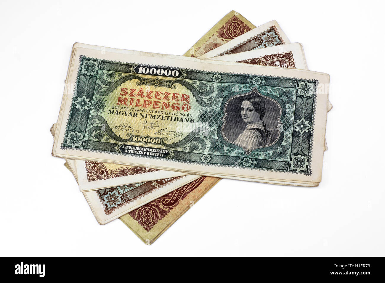 Old Hungarian lakh pengo currency and others money isolated on white ...