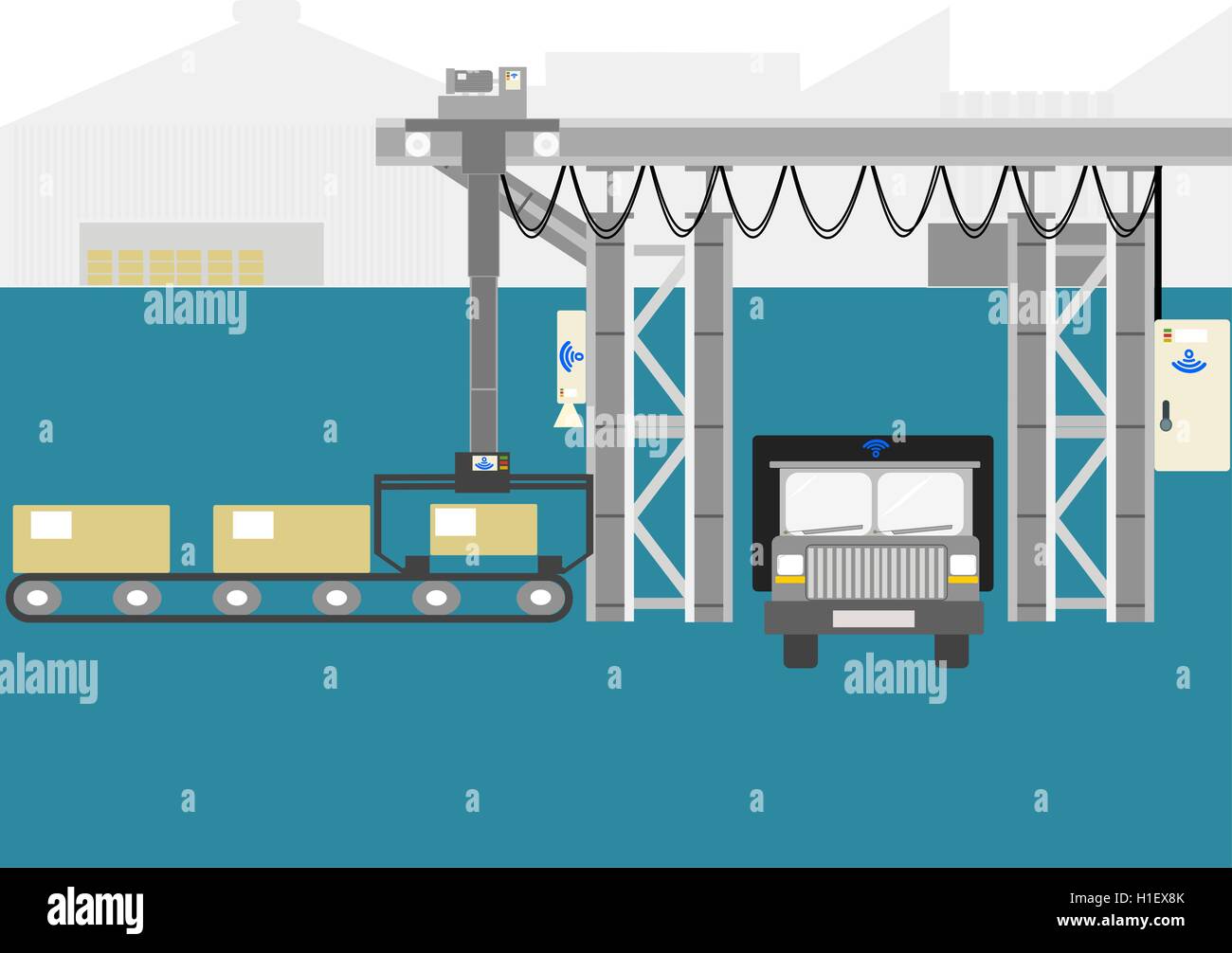 Smart Factory. Automated process, unloading of goods from a truck Stock ...