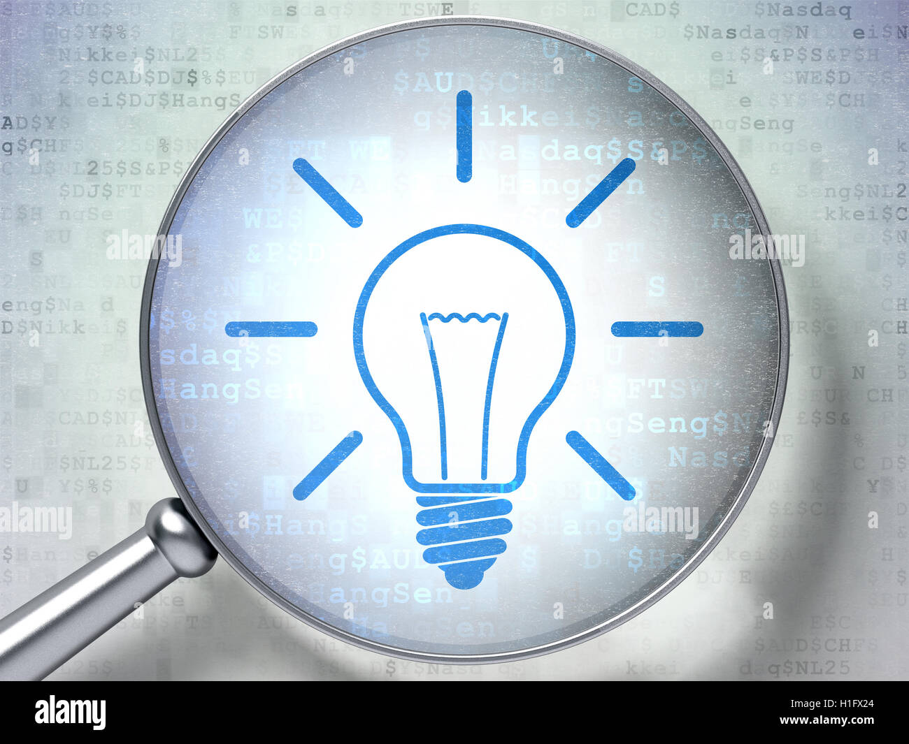 Finance concept: Light Bulb with optical glass on digital background ...