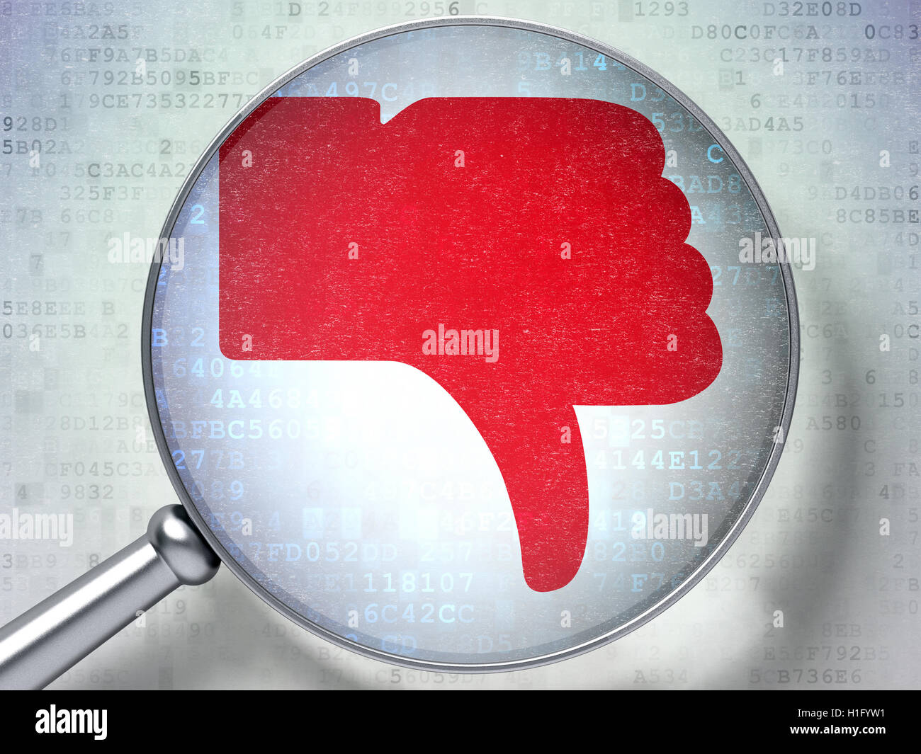 Social media concept: Thumb Down with optical glass on digital ...