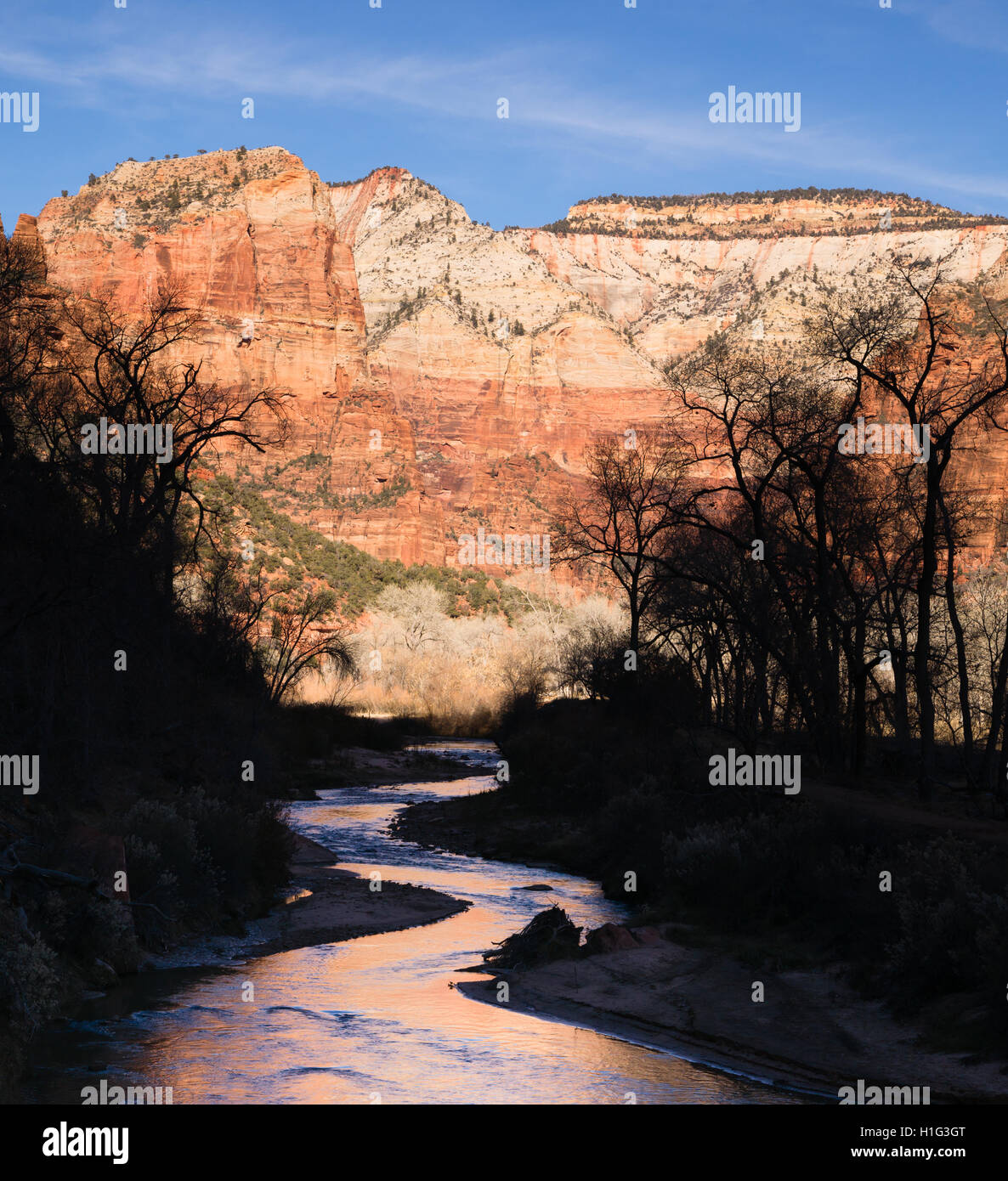 River Flows Sunrise Glow Rocky Butte Zion National Park Stock Photo - Alamy