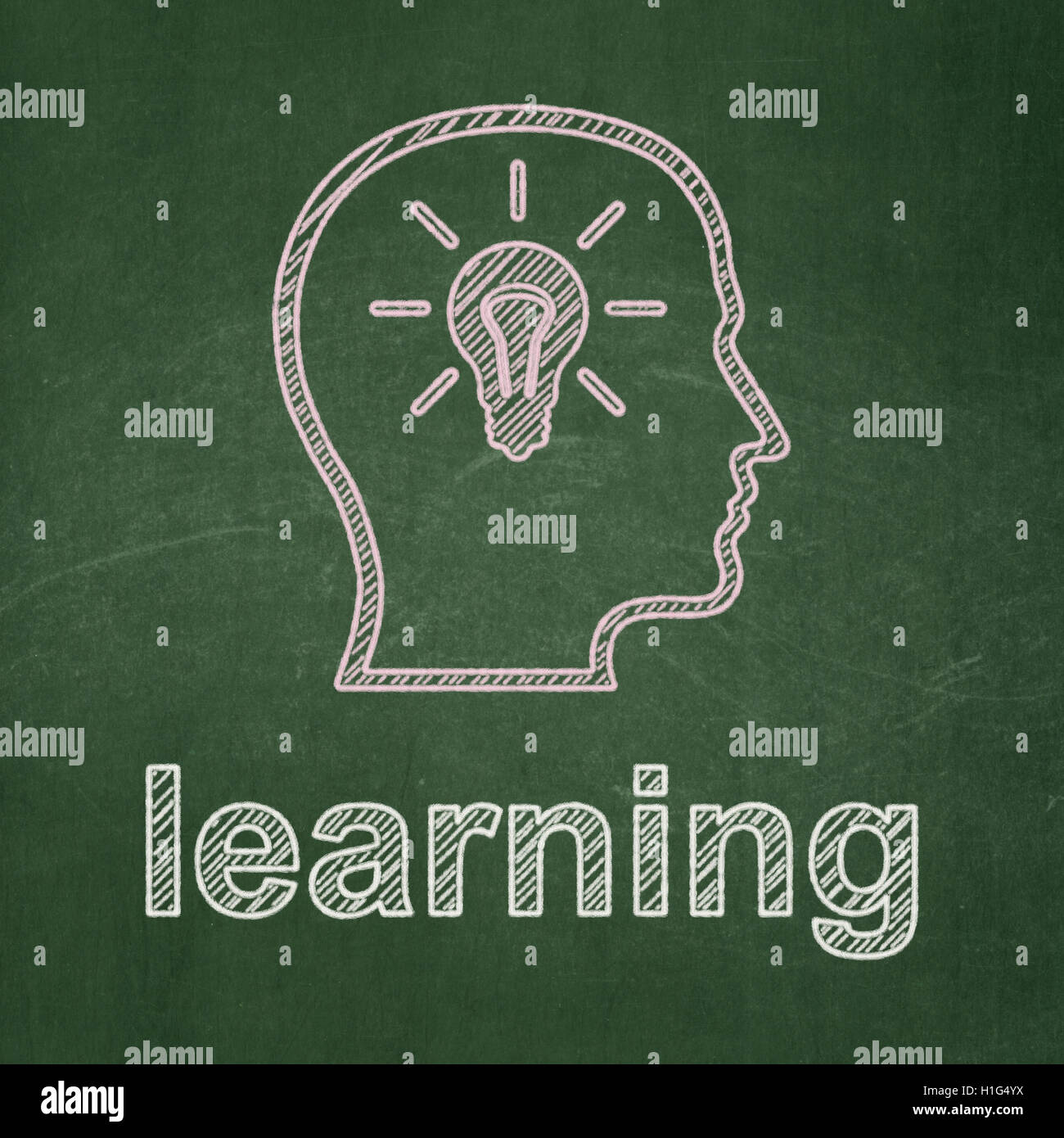 Education concept: Head With Lightbulb and Learning on chalkboard ...