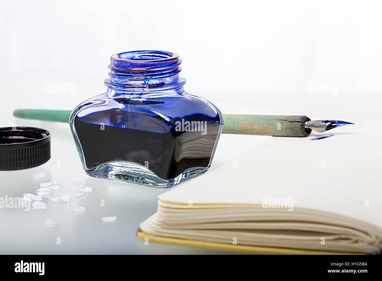 office composition with inkpot, diary and india ink pen, isolat Stock ...