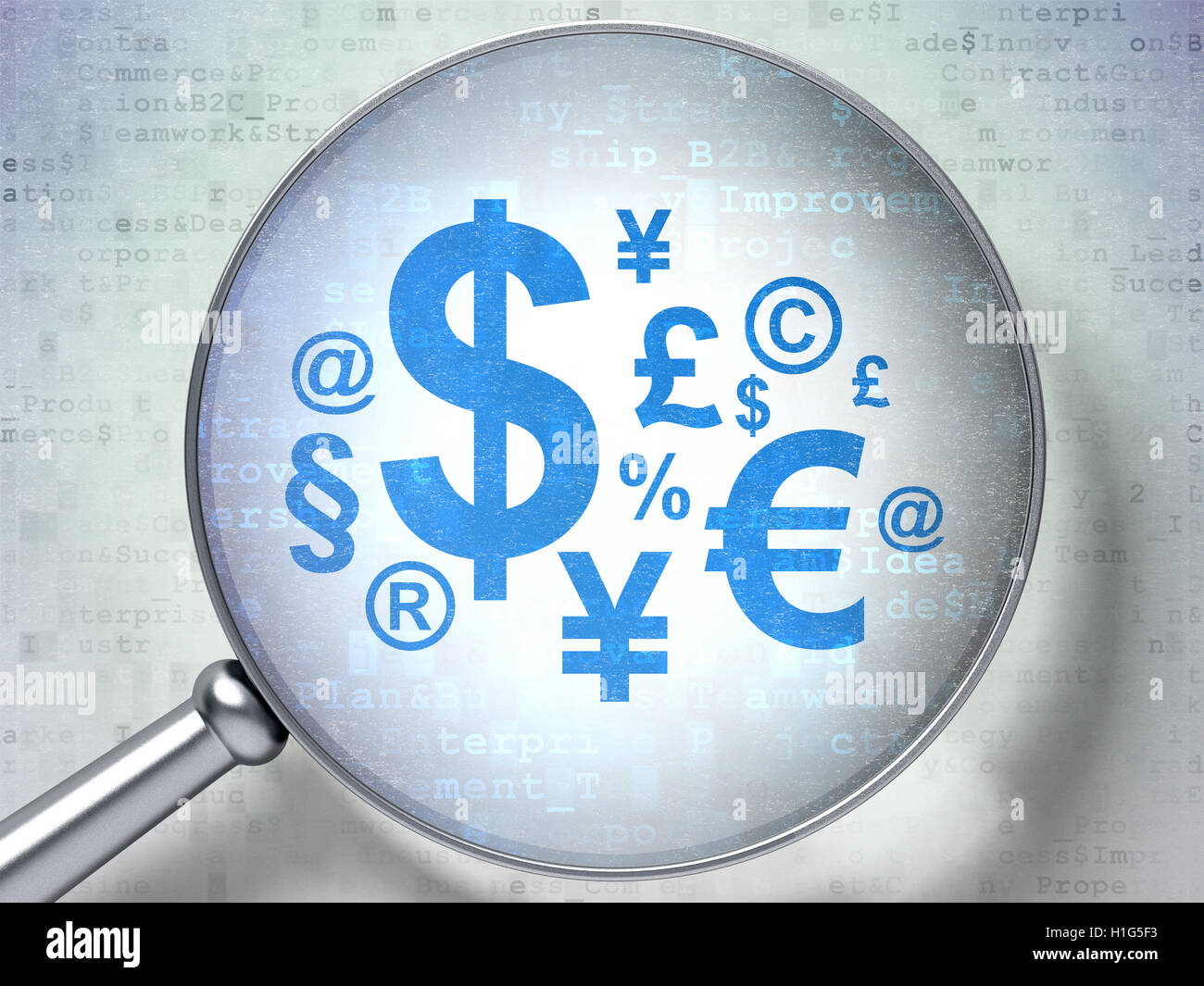 Finance concept: Finance Symbol with optical glass on digital ...