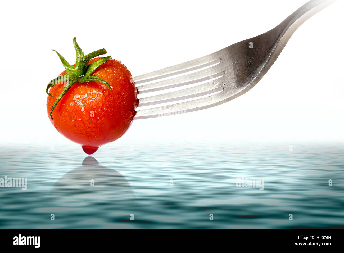 cherry tomato spiked by a fork with reflection in the ocean, iso Stock ...