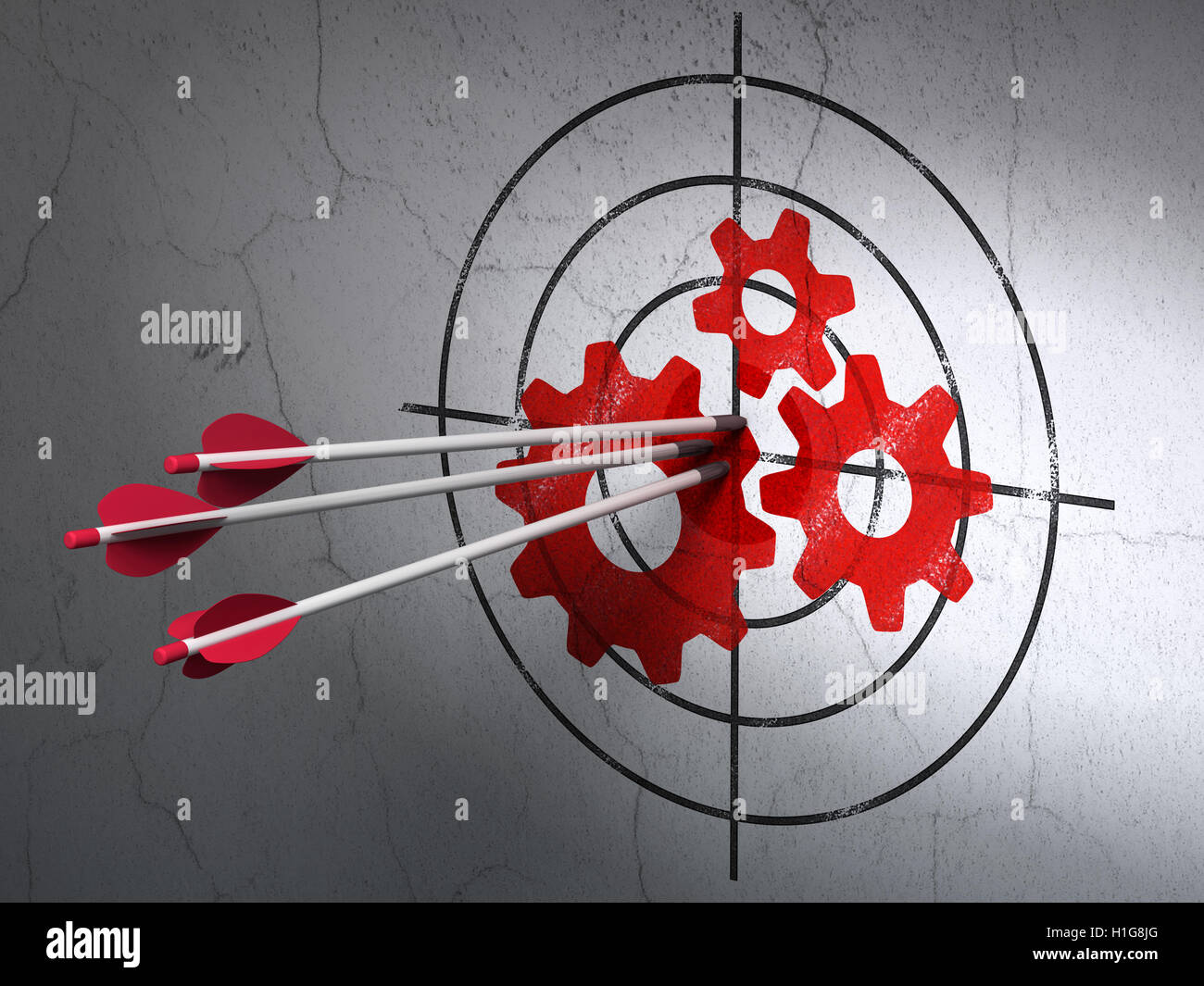 Advertising concept: arrows in Gears target on wall background Stock ...