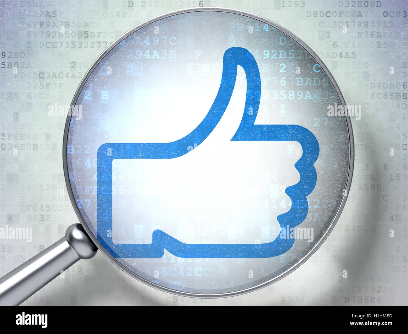 Social media concept: Thumb Up with optical glass on digital background ...