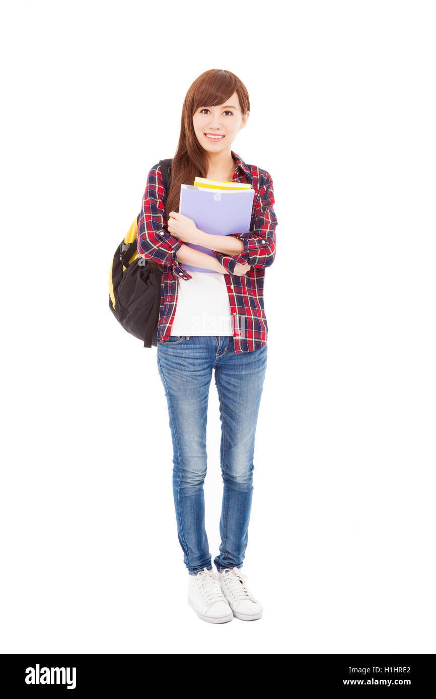 full length smiling university student girl standing Stock Photo - Alamy