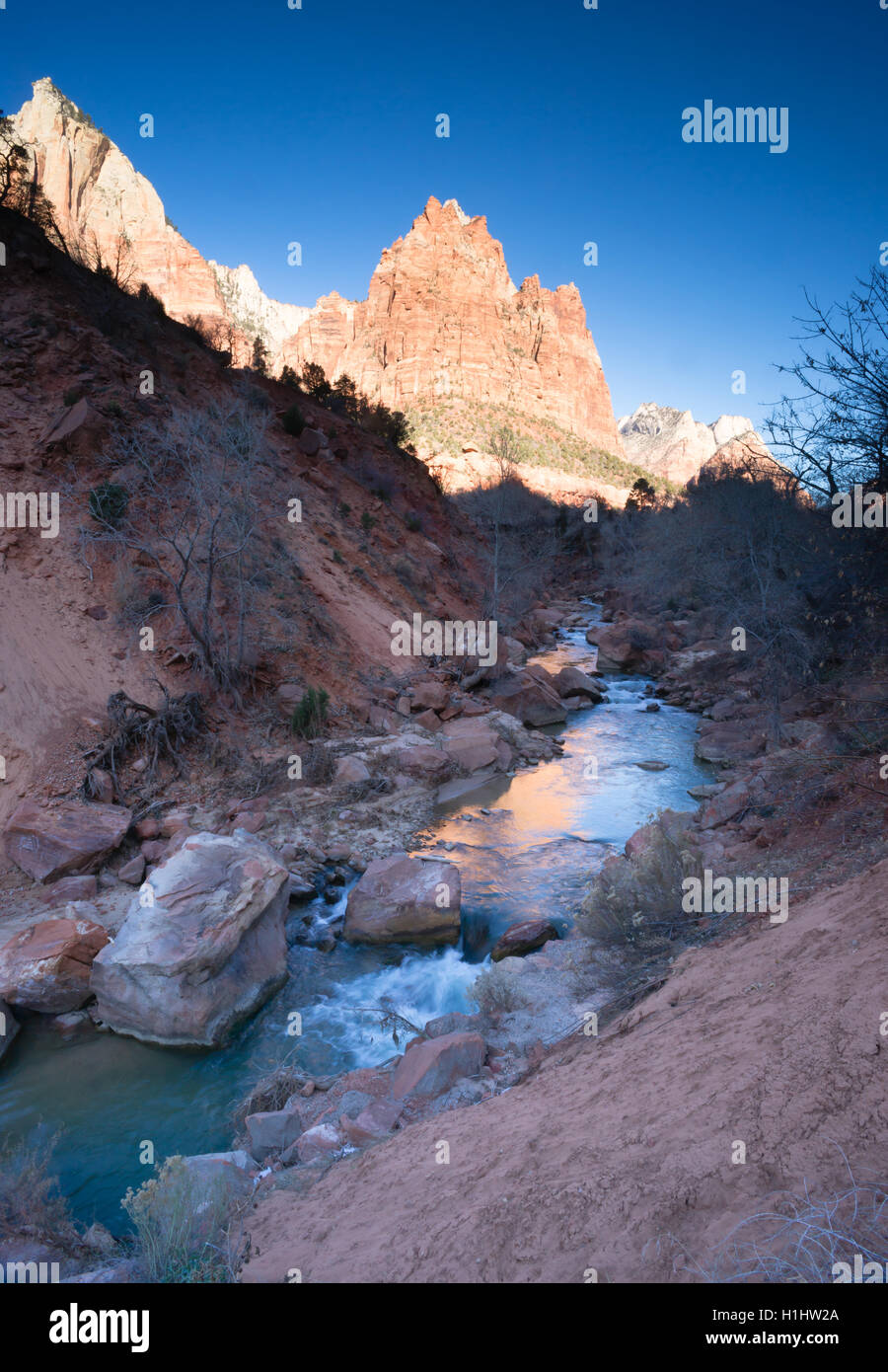 River Flows Sunrise Glow Rocky Butte Zion National Park Stock Photo - Alamy