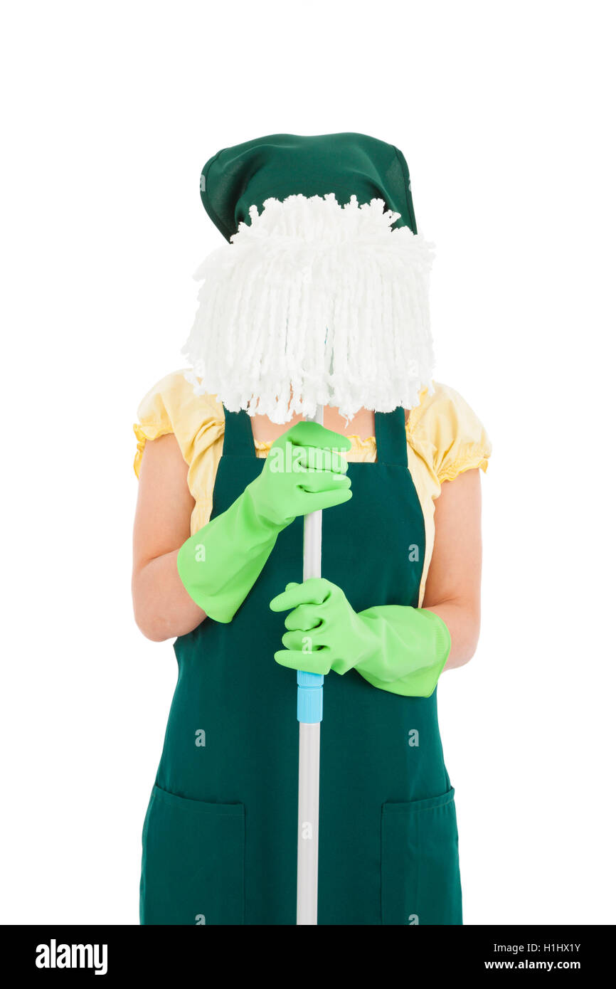 young woman holding the mop Stock Photo - Alamy