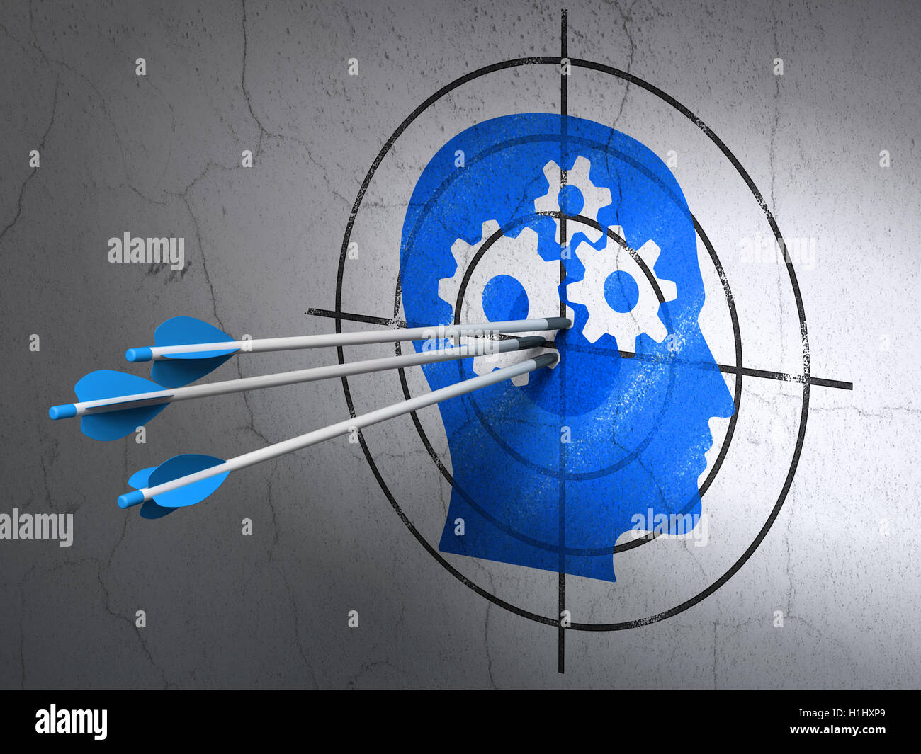 Advertising concept: arrows in Head With Gears target on wall ...