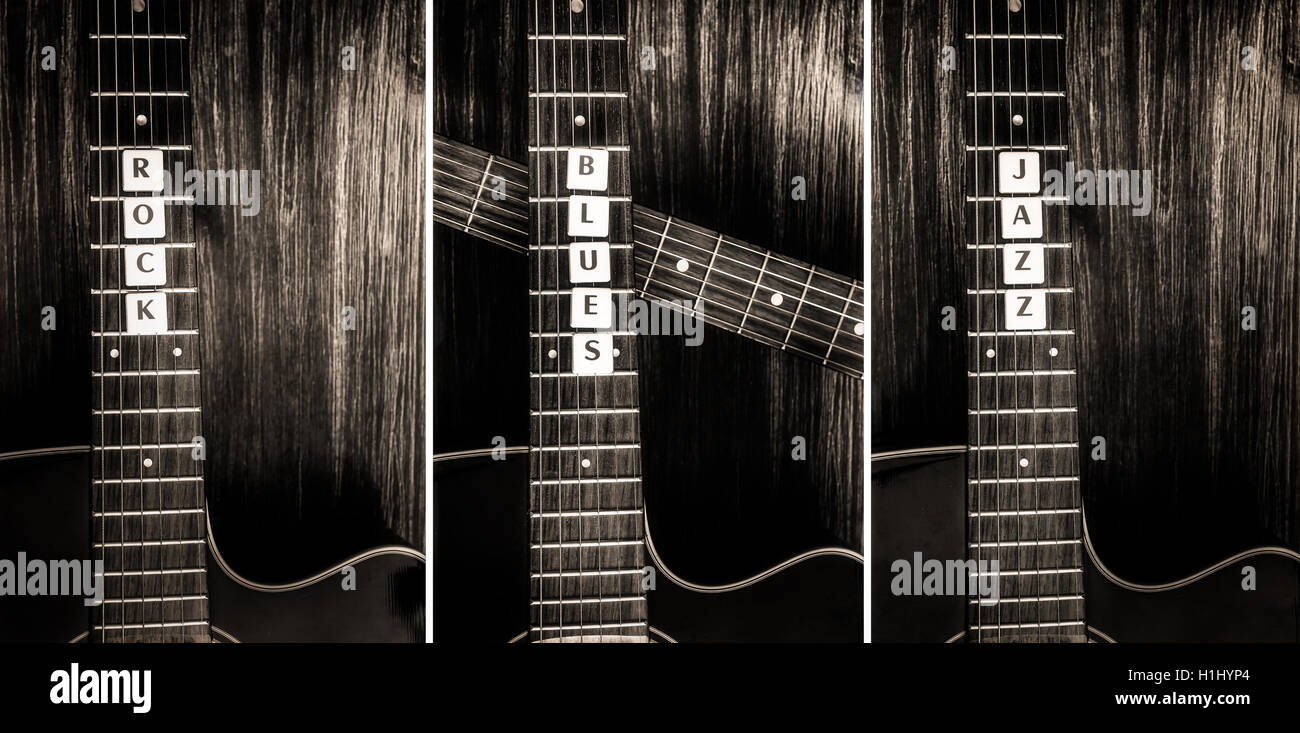Three acoustic guitars and sign rock, blues, jazz Stock Photo - Alamy