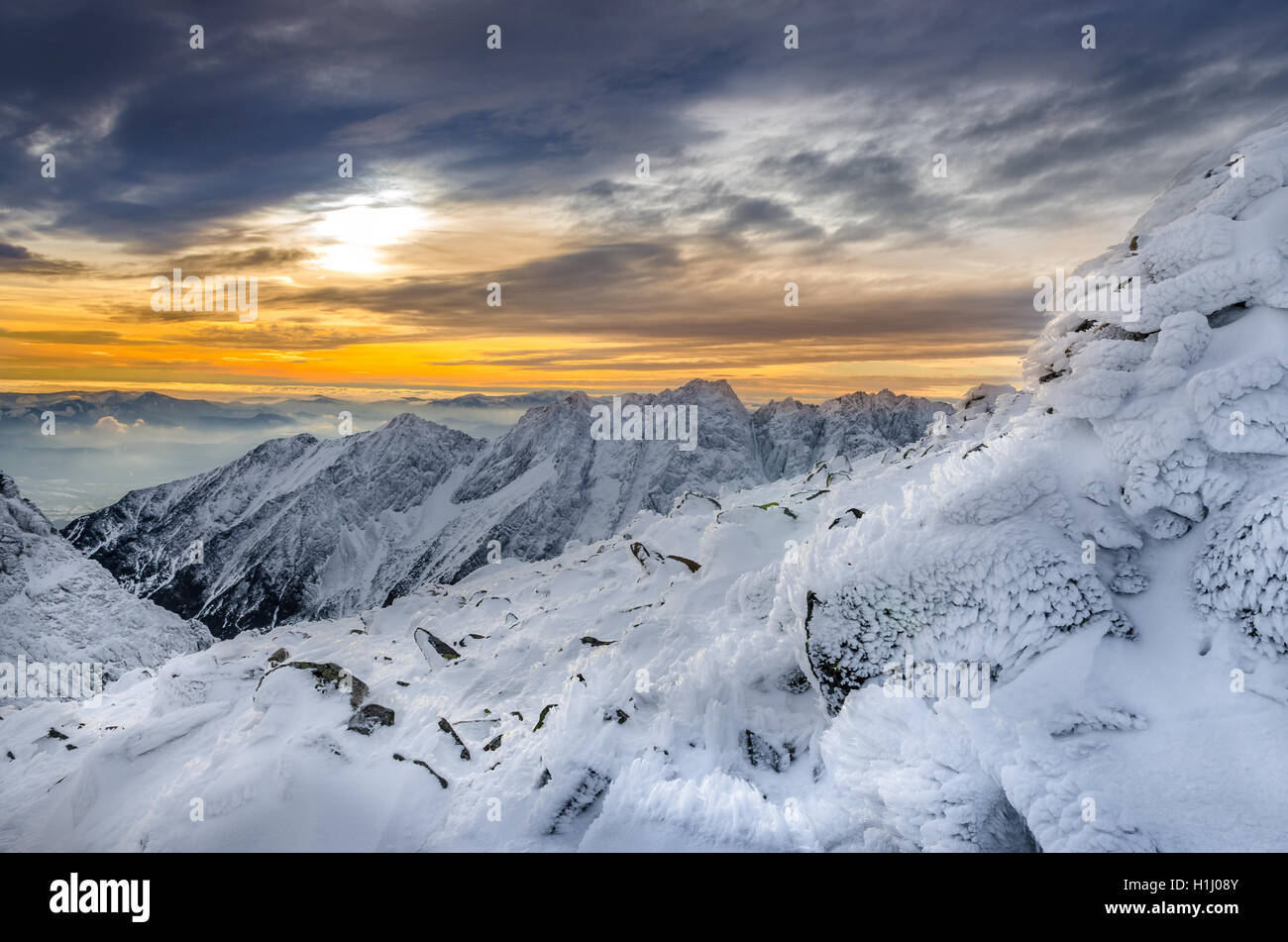 Winter mountains scenic view with frozen snow and icing Stock Photo - Alamy