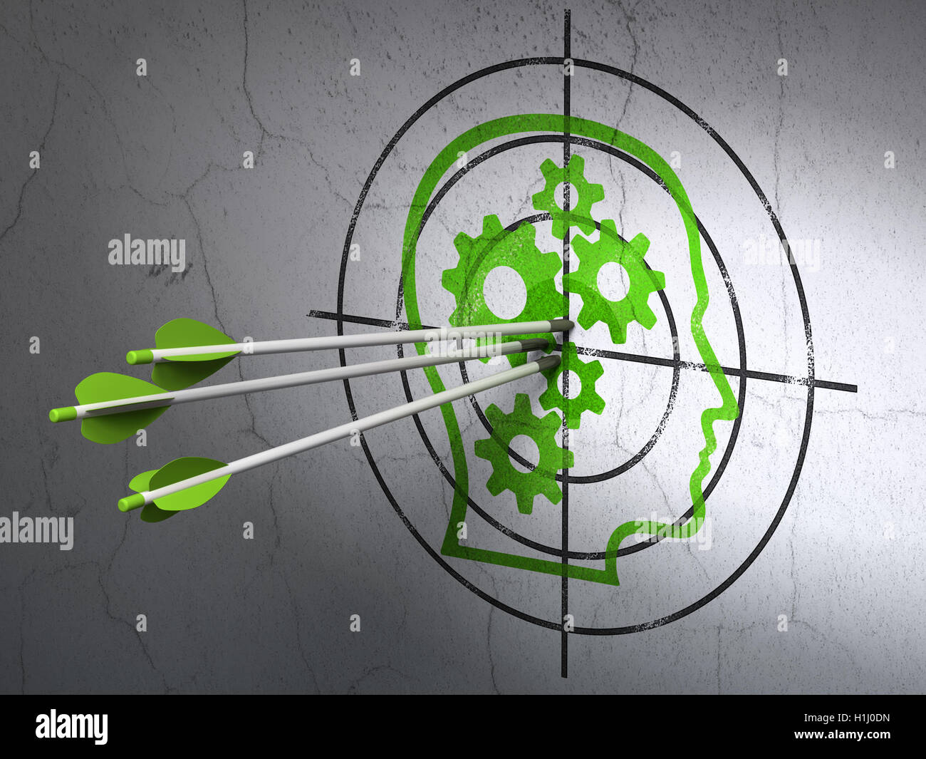 Finance concept: arrows in Head With Gears target on wall background ...