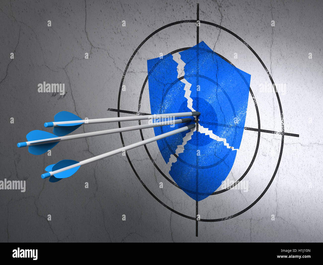 Security concept: arrows in Broken Shield target on wall background ...