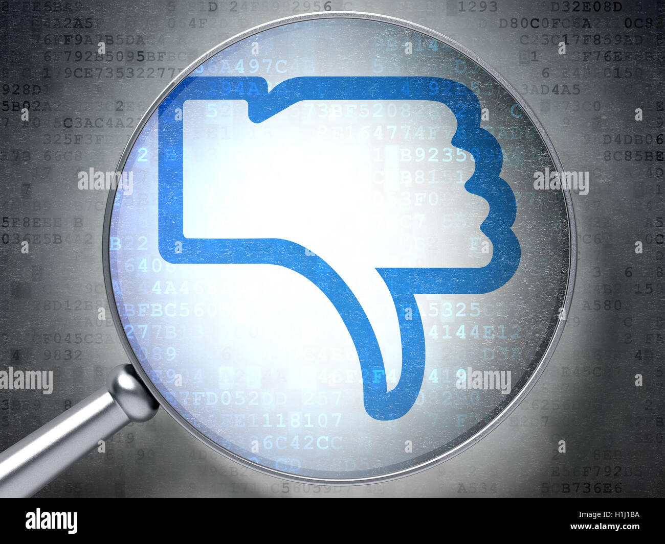 Social media concept: Thumb Down with optical glass on digital ...