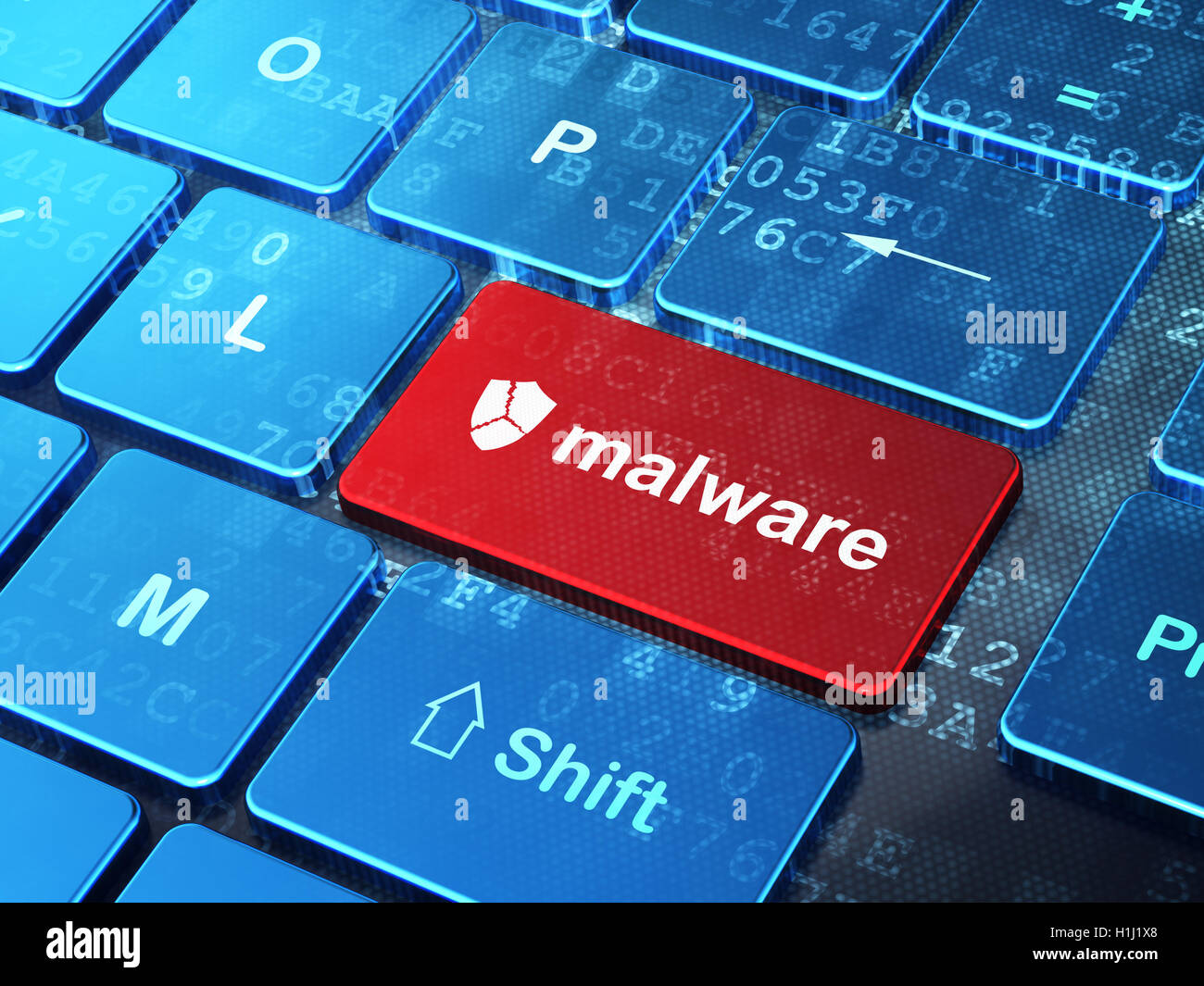 Safety concept: Broken Shield and Malware on computer keyboard ...