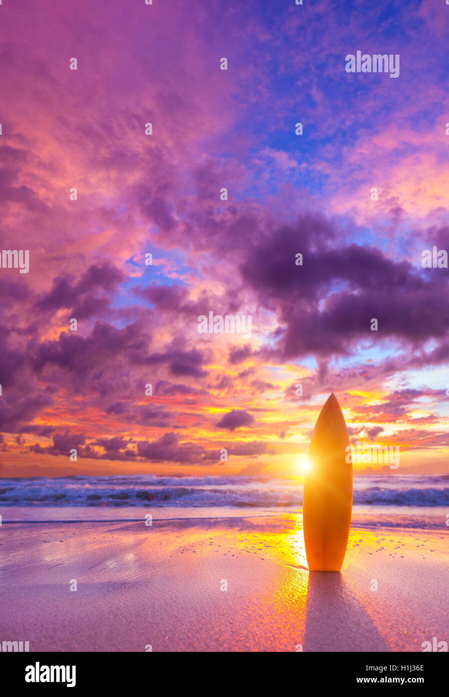 Surfboard on the beach at sunset Stock Photo - Alamy