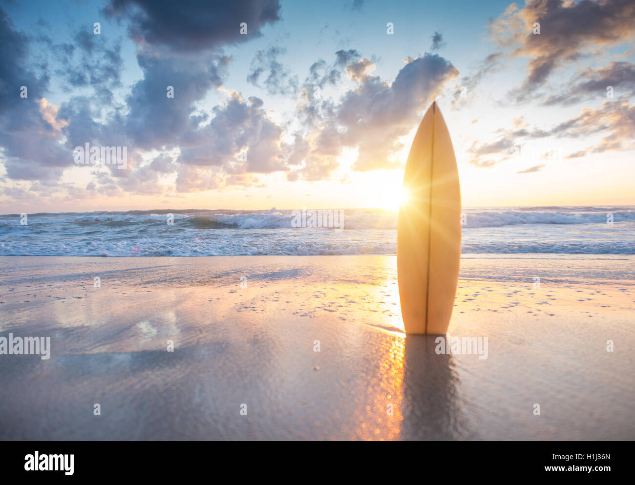 Surfboard on the beach at sunset Stock Photo - Alamy