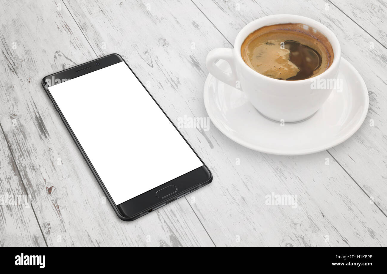 Modern black smart phone on white wooden table with blank display for ...