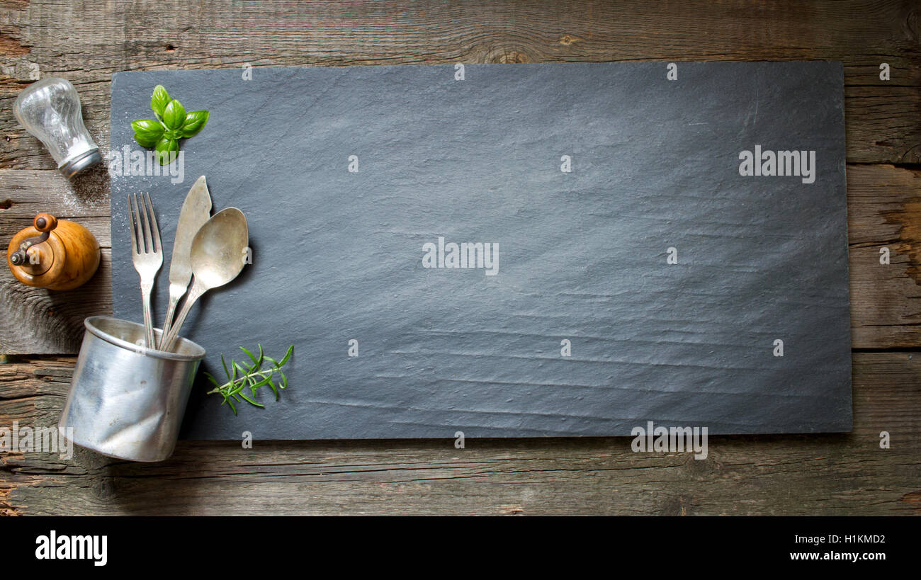 Old retro culinary menu abstract background on black stone Stock Photo ...
