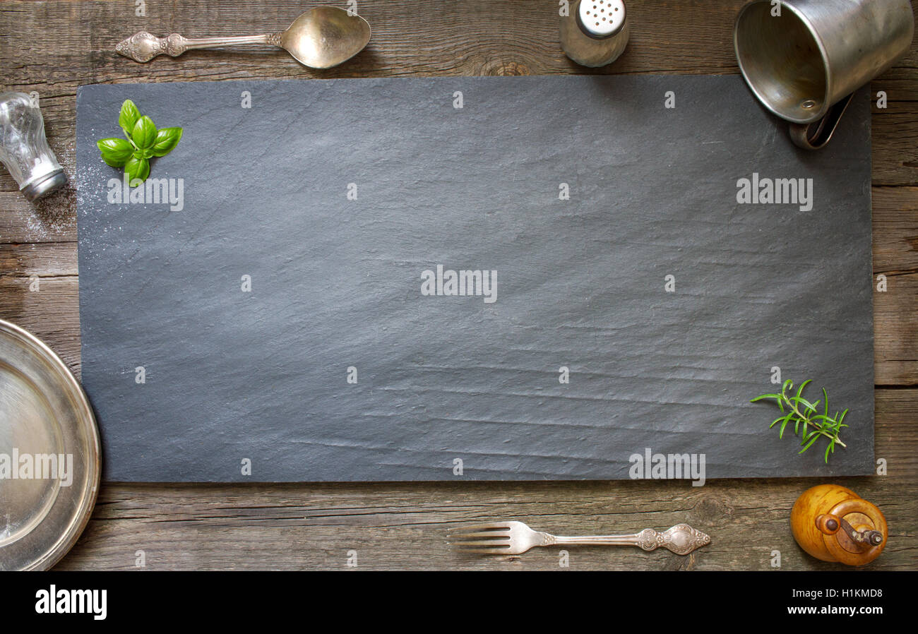 Old retro culinary menu abstract background on black stone Stock Photo ...