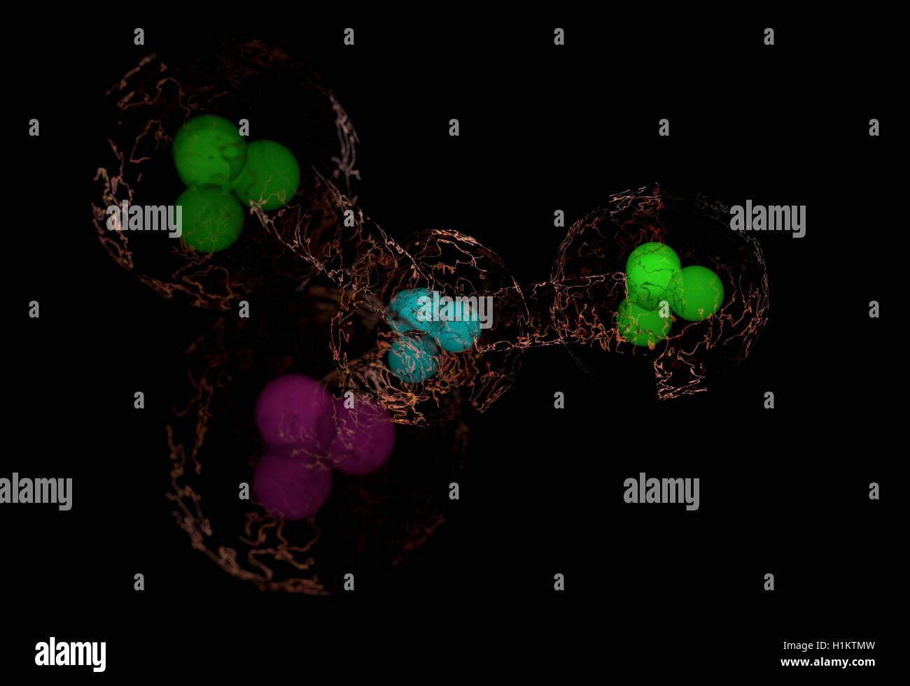 Colorful molecule with electric cloud of electrons and energetic links ...