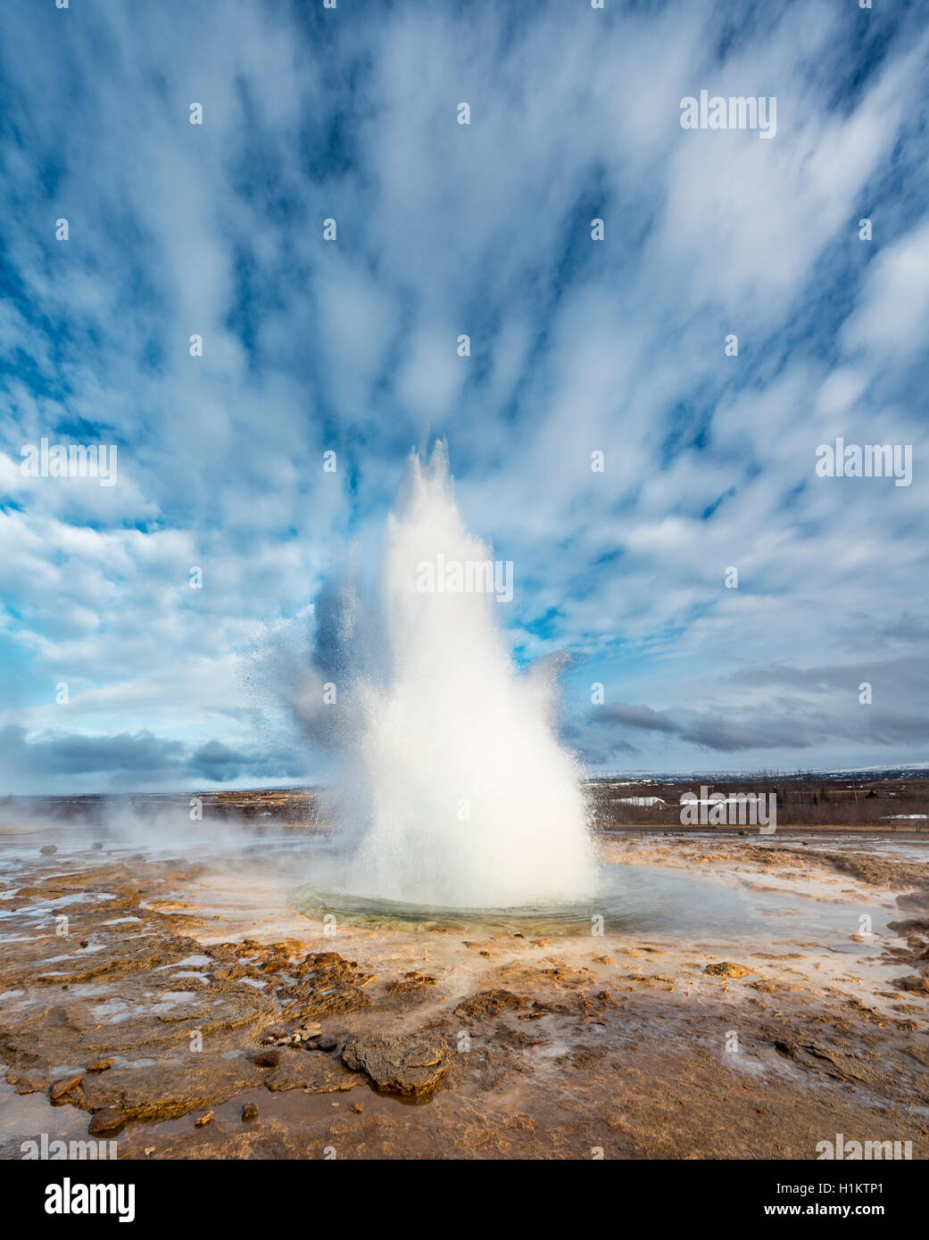 Strokkur geyser erupting, hot springs, geothermal area in Haukadalur ...