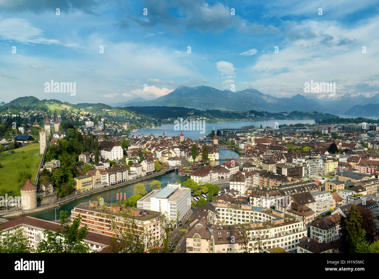 Lucerne, Switzerland. Aerial view of the old town, Lucerne city wall ...