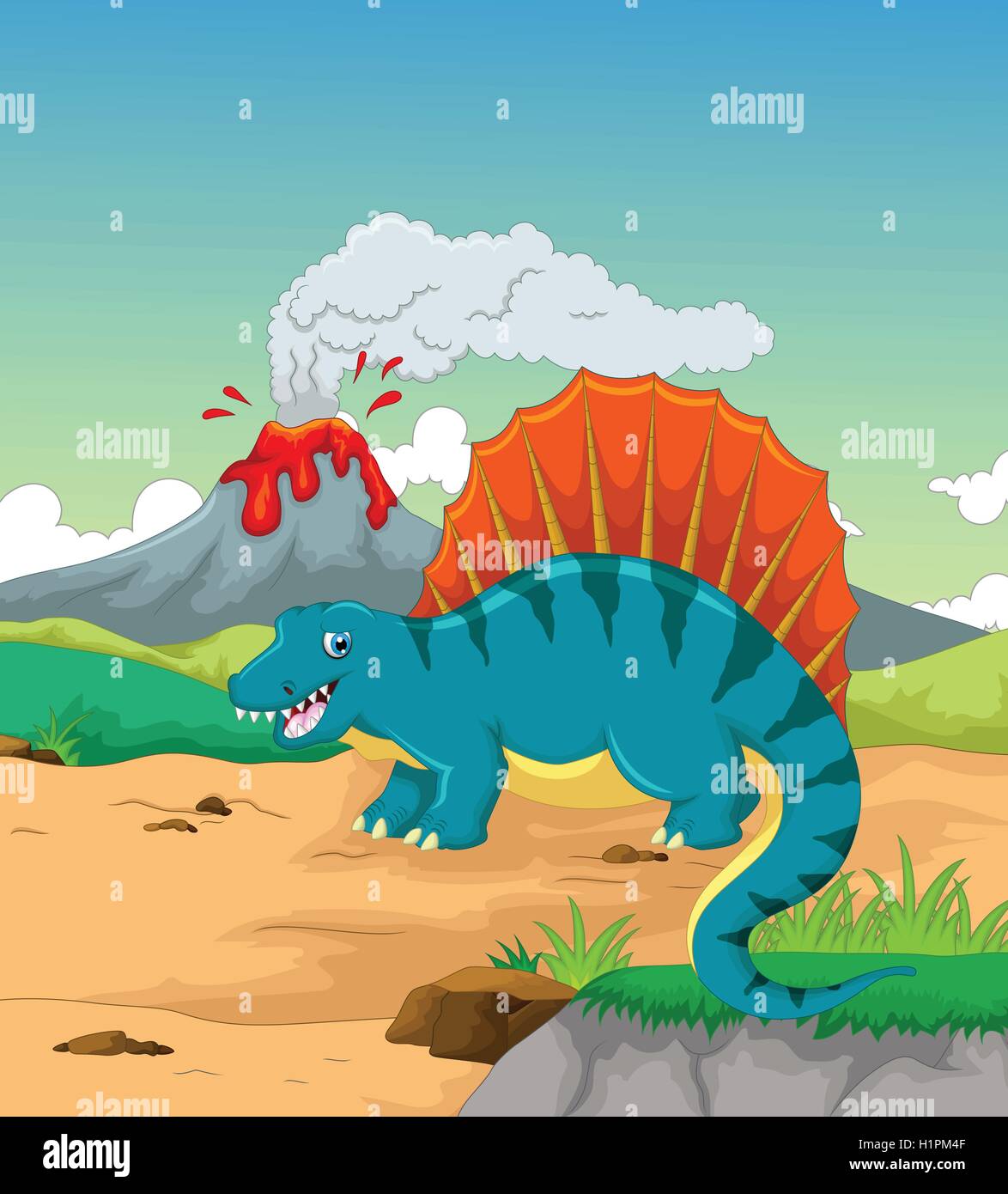 cute dinosaur cartoon with volcano background Stock Vector Image & Art ...