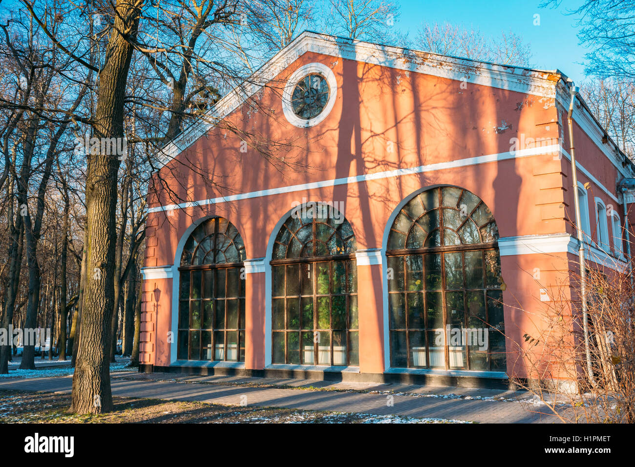 Winter Garden in the Gomel Park, Belarus. Building built in first half ...