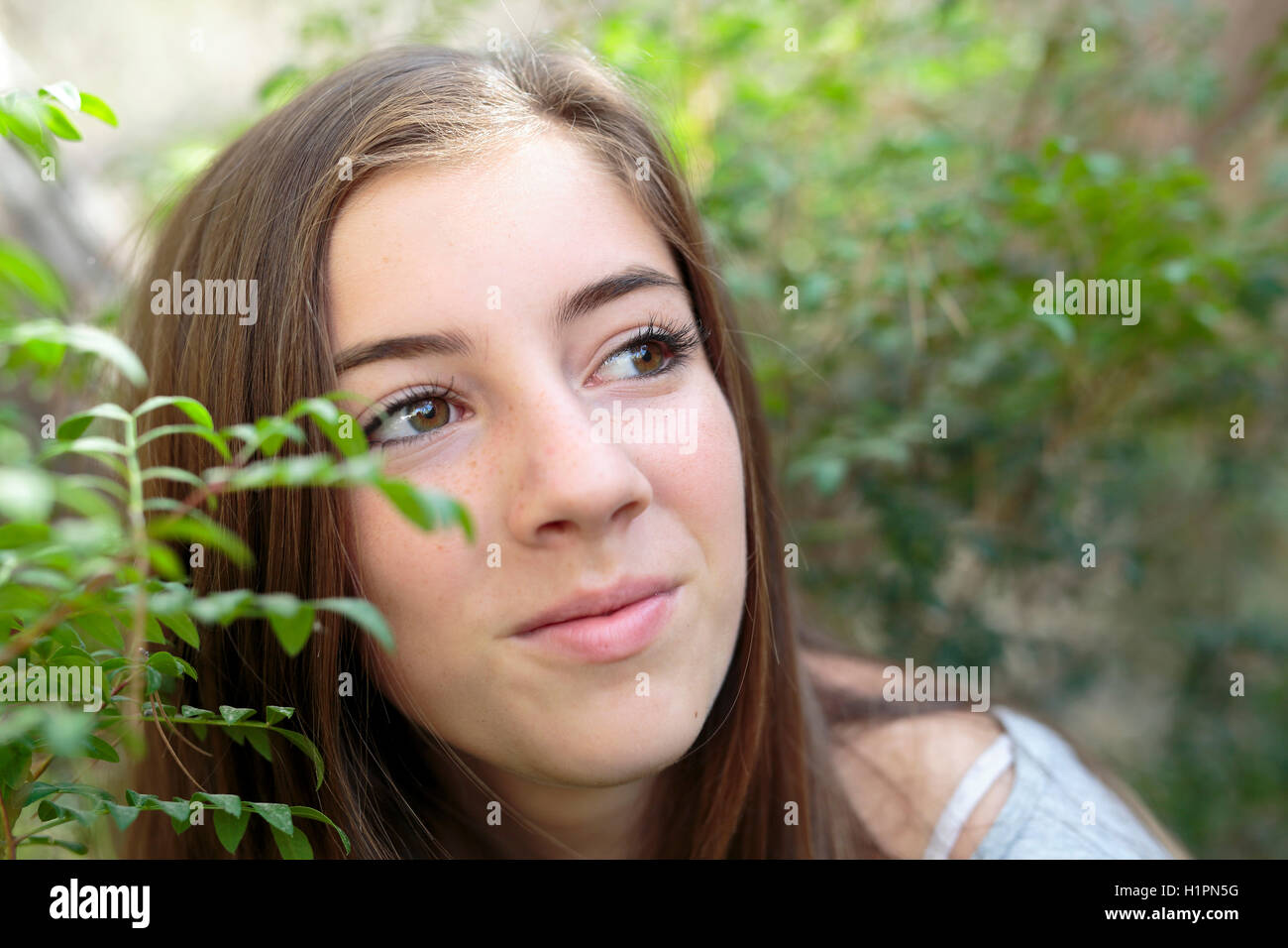 Face of a girl among branches of a tree with green leaves Stock Photo ...