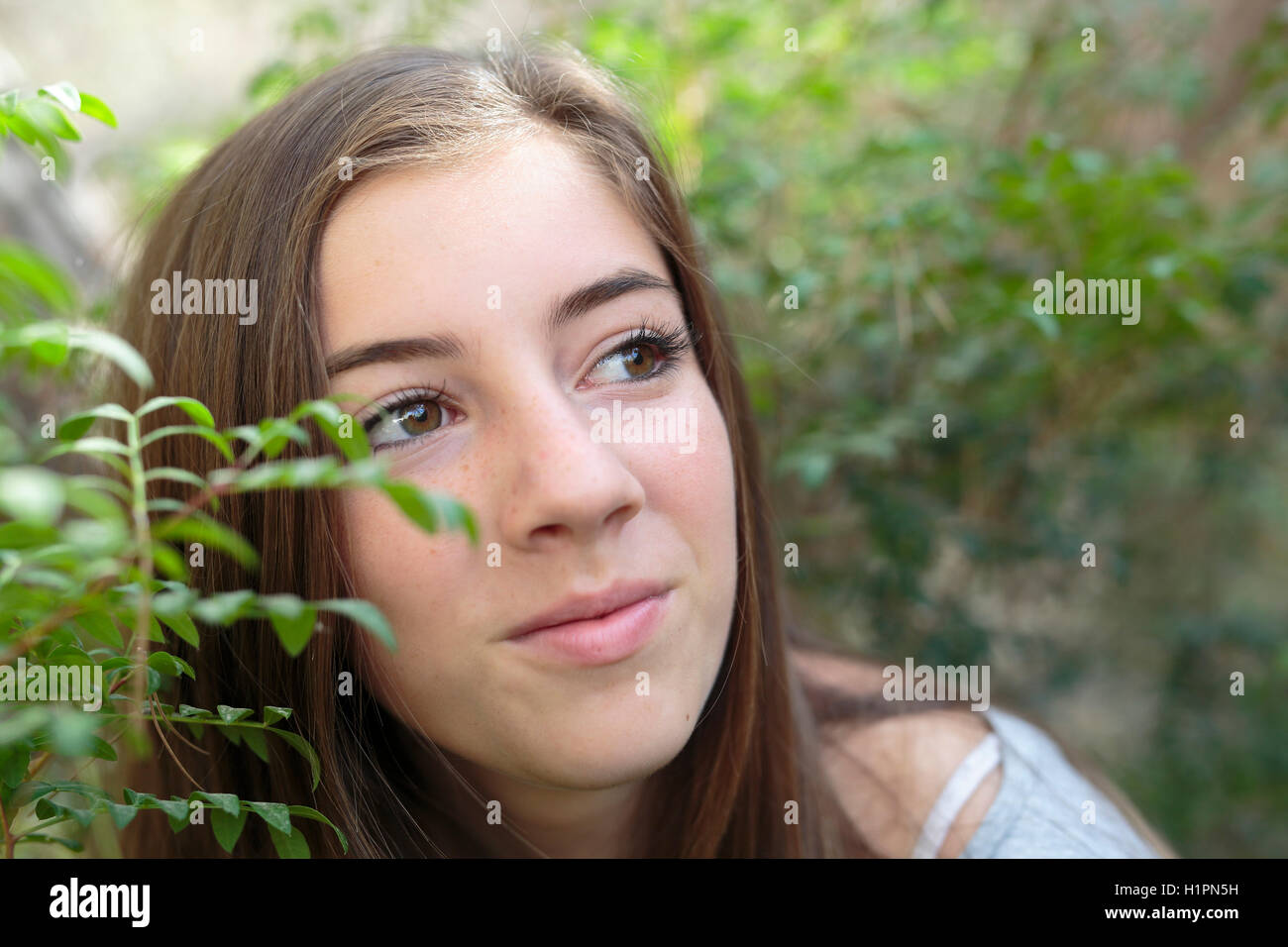 Face of a girl among branches of a tree with green leaves Stock Photo ...