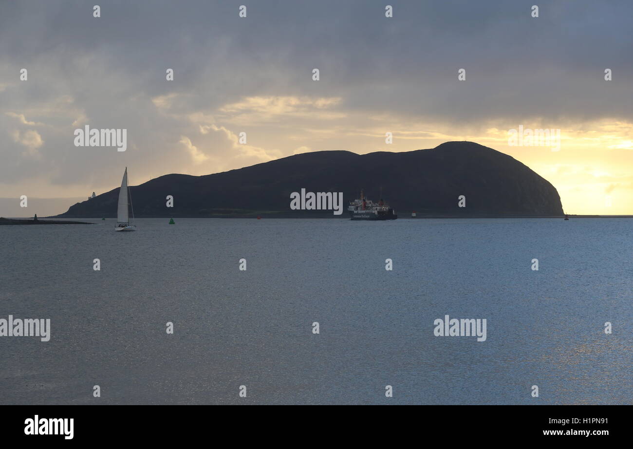 Calmac ferry MV Isle of Arran in Campbeltown Loch with Davaar Island ...