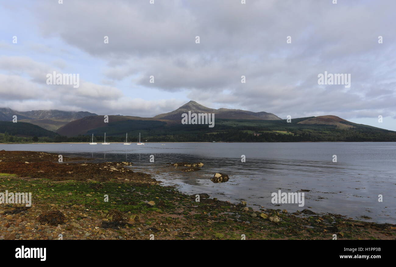 Goatfell and yachts in Brodick Bay Isle of Arran Scotland September ...