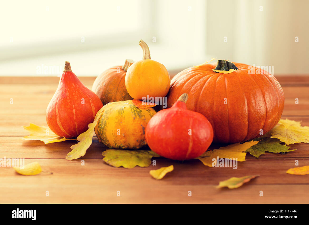 close up of pumpkins on wooden table at home Stock Photo - Alamy