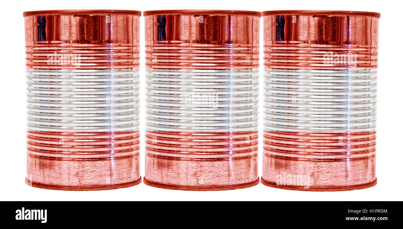 Three tin cans with the flag of Austria on them isolated on a white ...