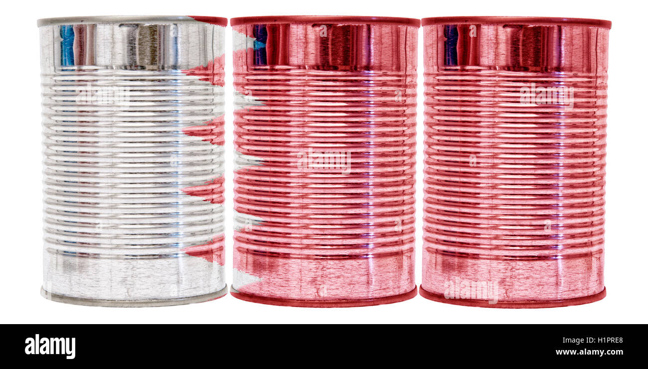 Three tin cans with the flag of Bahrain on them isolated on a white ...