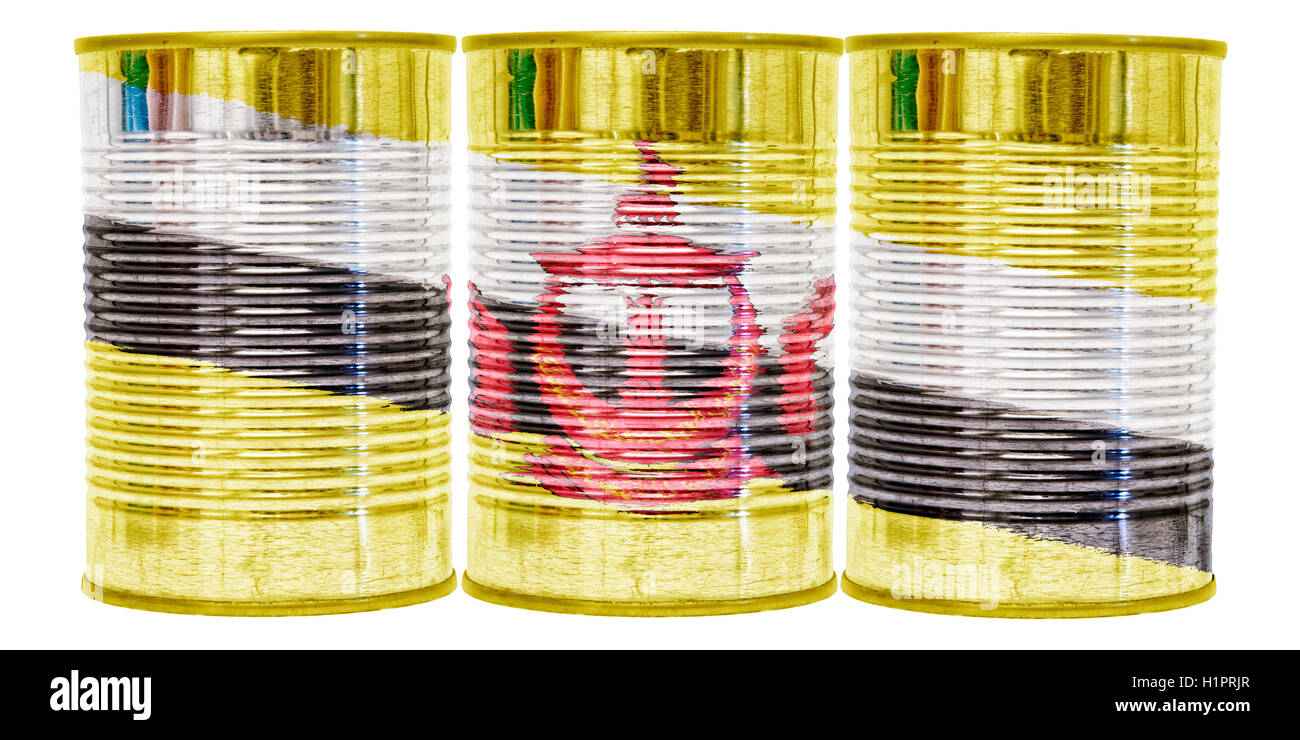 Three tin cans with the flag of Brunei on them isolated on a white ...