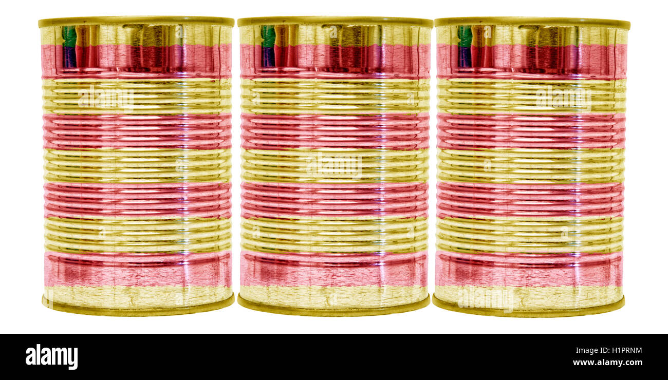Three tin cans with the flag of Catalonia on them isolated on a white ...