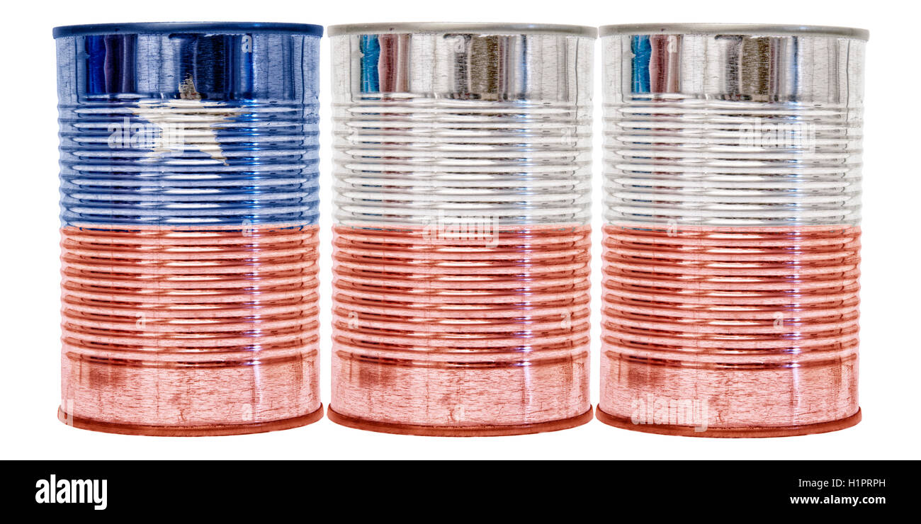 Three tin cans with the flag of Chile on them isolated on a white ...