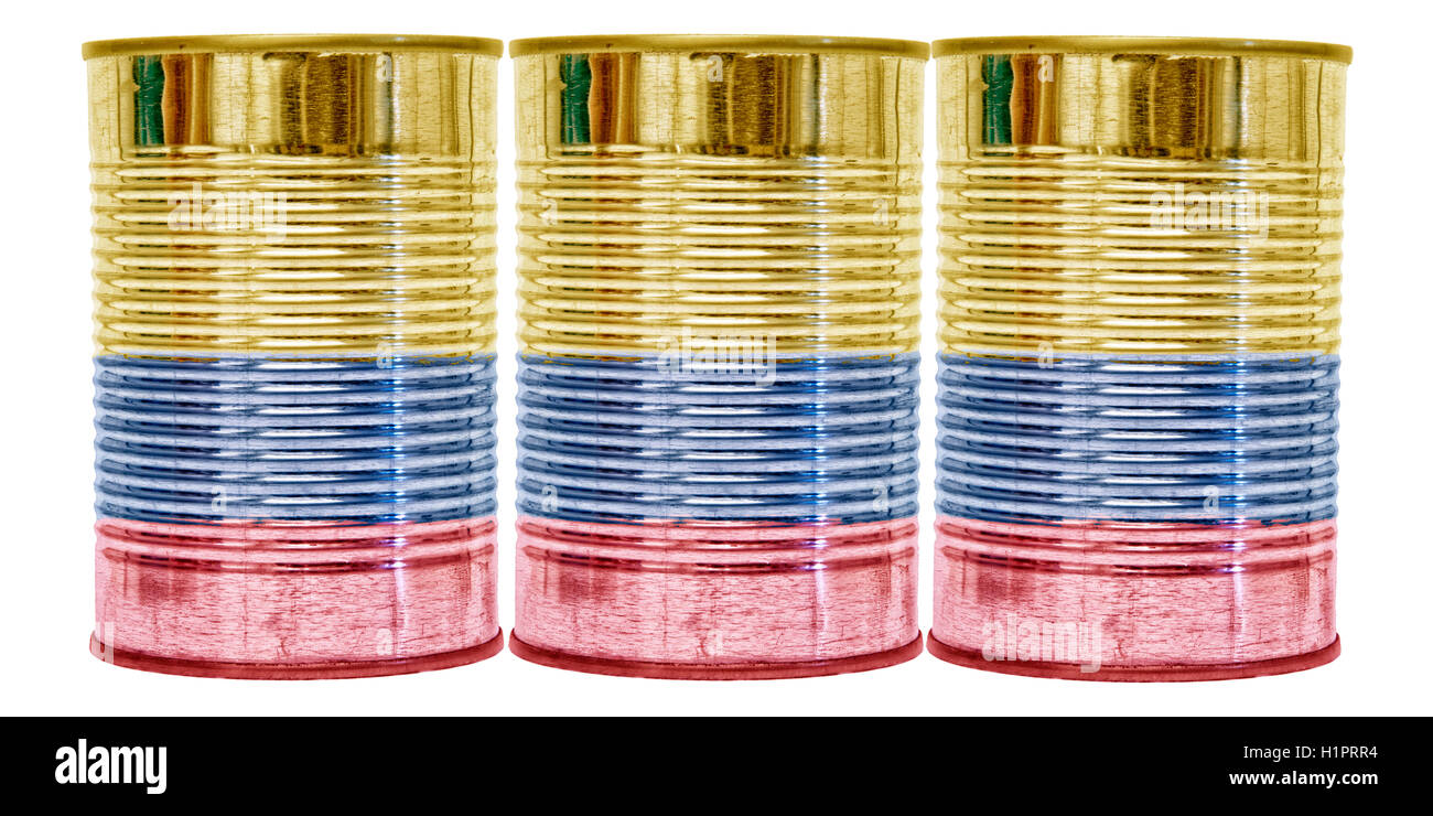 Three tin cans with the flag of Colombia on them isolated on a white ...