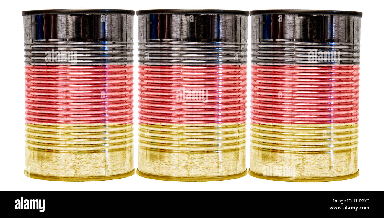 Three tin cans with the flag of Germany on them isolated on a white ...