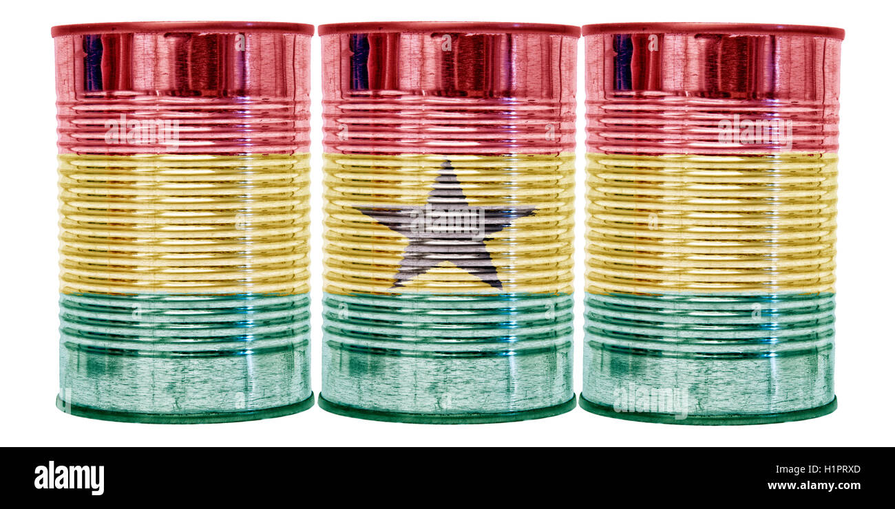 Three tin cans with the flag of Ghana on them isolated on a white ...