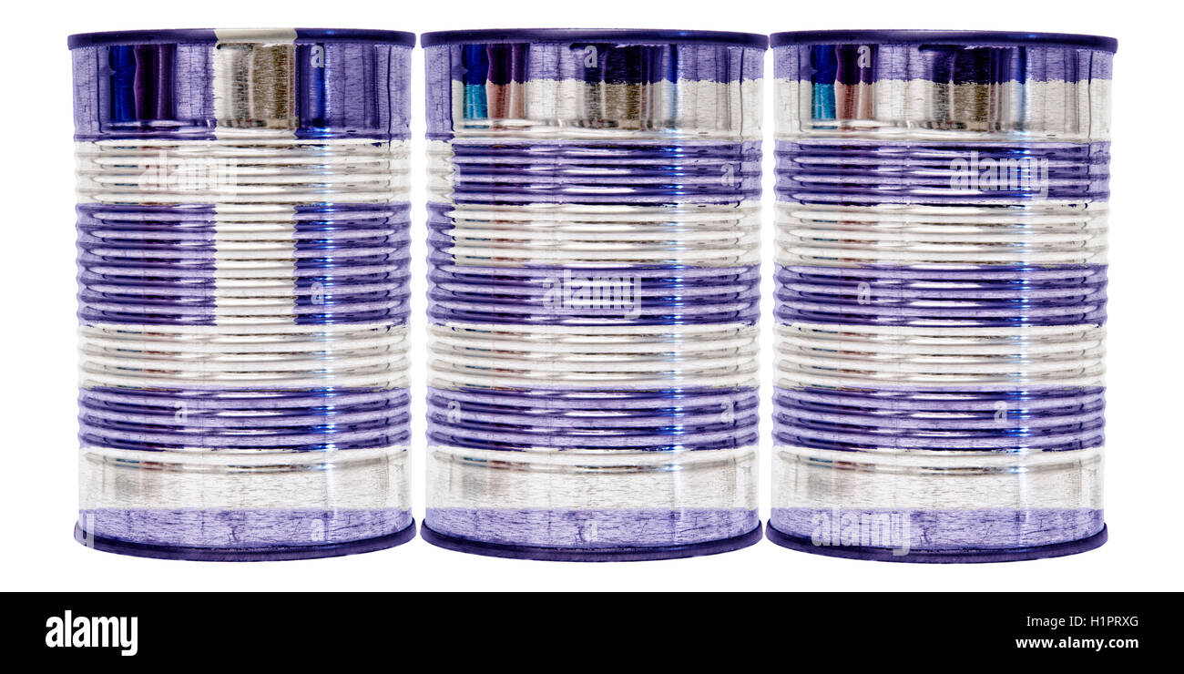 Three tin cans with the flag of Greece on them isolated on a white ...