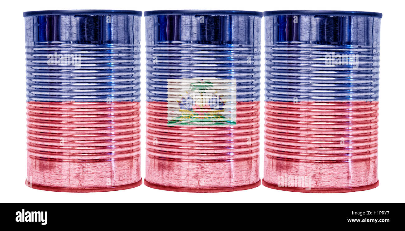 Three tin cans with the flag of Haiti on them isolated on a white ...