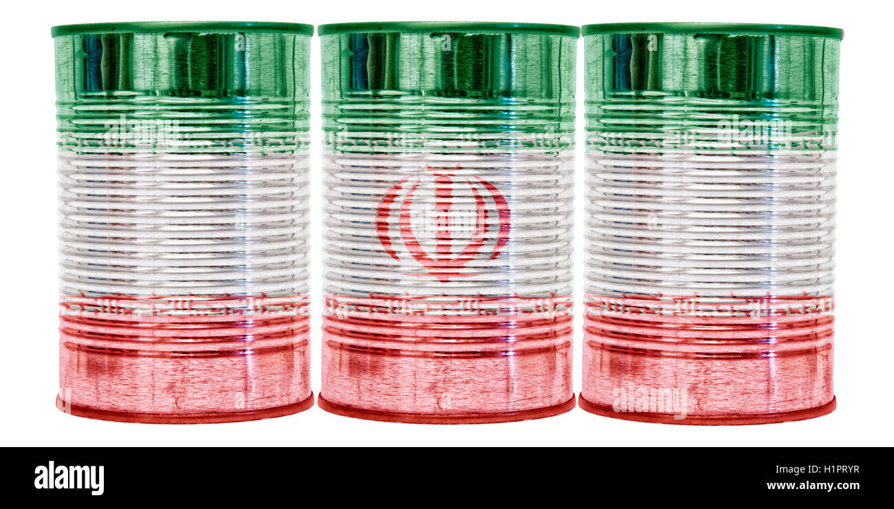 Three tin cans with the flag of Iran on them isolated on a white ...