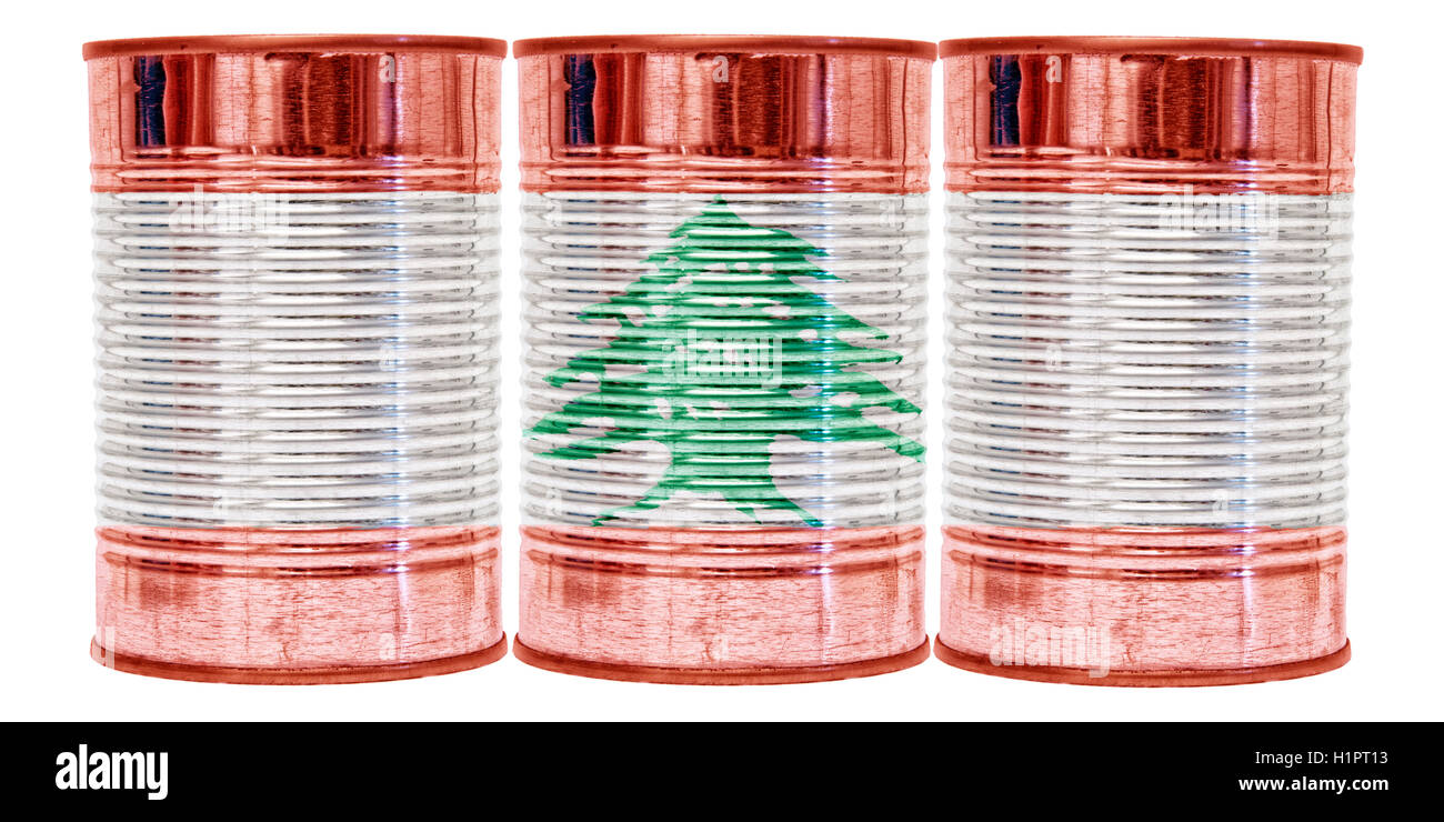 Three tin cans with the flag of Lebanon on them isolated on a white ...