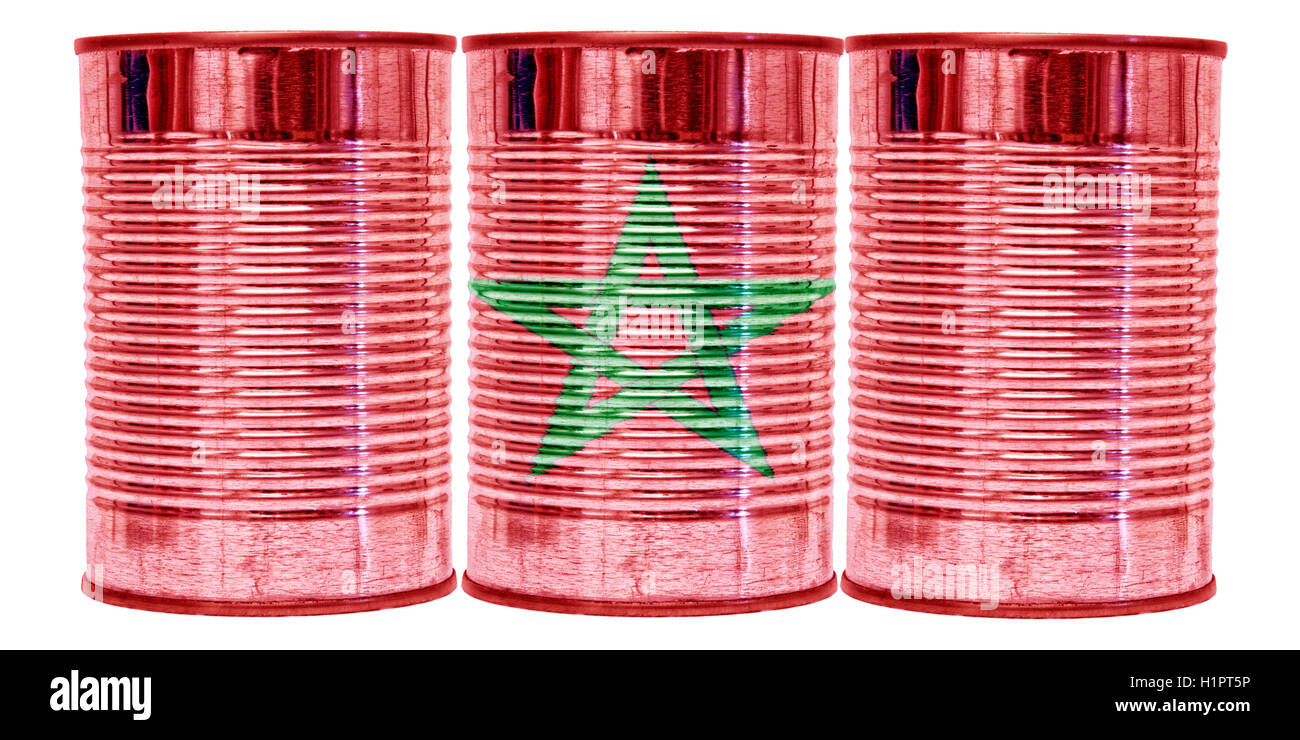 Three tin cans with the flag of Morocco on them isolated on a white ...